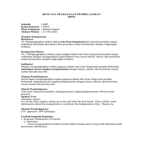 Rpp Bahasa Inggris ida | DOC