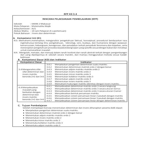 Rpp kd 3.4 invers dan determinan | DOCX