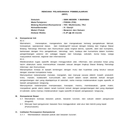 Rpp kd 3.1 dan 4.1 fisika tik besaran dan satuan | DOCX