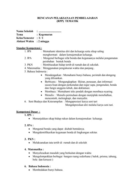 Contoh rpp tematik | DOCX