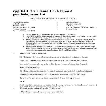 Rpp kelas 1 tema 1 sub tema 3 pembelajaran | DOCX