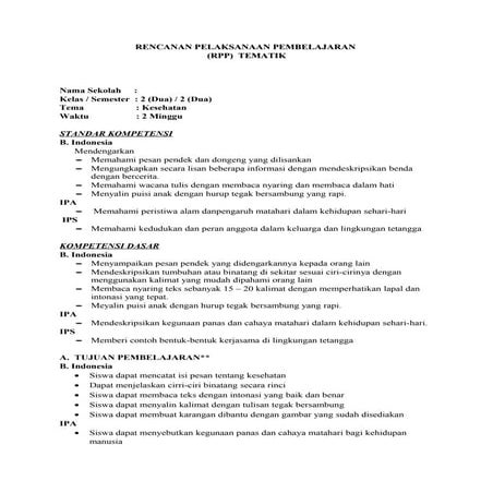 Contoh rpp tematik kelas rendah | DOCX