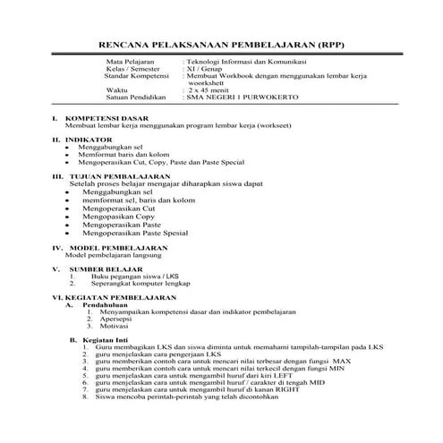 Rpp ms. excel kelas xi | PDF