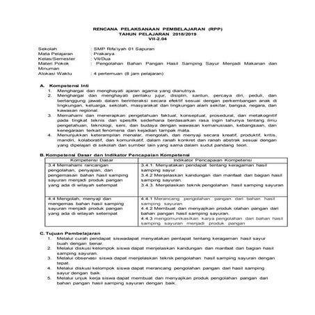 Rpp prakarya pengolahan kelas vii sepester 2 | PDF