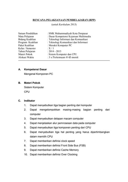 RPP TIK Kelas 1 SD | PDF