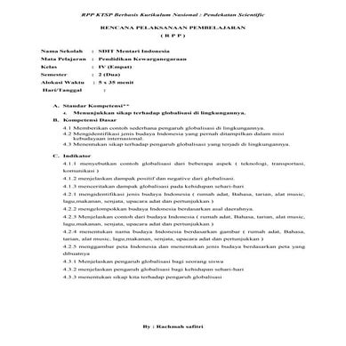 Rpp pkn kelas 4 semester 2 globalisasi berbasis pendekatan scientific | PDF