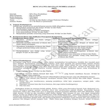Rpp revisi 2016 al quran hadits kelas 7 mts rpp diva pendidikan | PDF