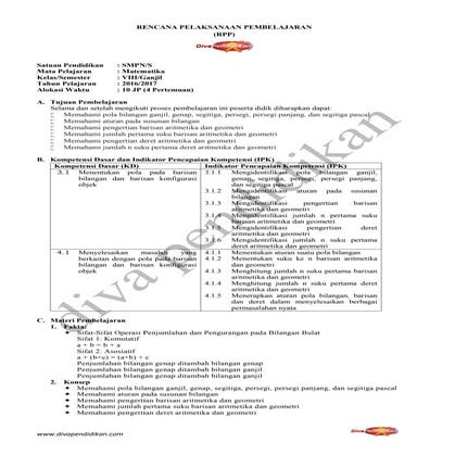 Rpp revisi 2016 matematika smp kelas 8 rpp diva pendidikan | PDF