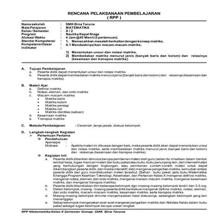 Rpp semester ii matematika smk b ina taruna matriks, program linear, logika | PDF