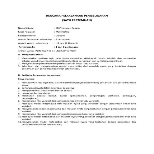 Contoh rpp matematika kelas 8 | PDF