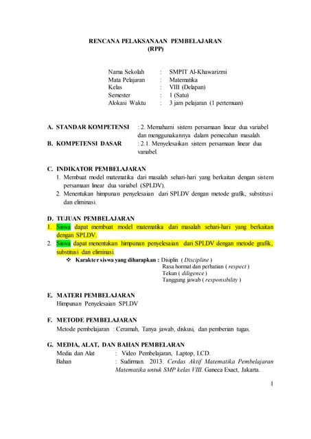 MODUL AJAR SISTEM PERSAMAAN LINEAR DUA VARIABEL (SPLDV) | PDF