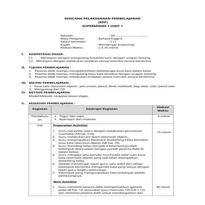 RPP bahasa inggris Super Minds_Level 1_Unit 1.doc