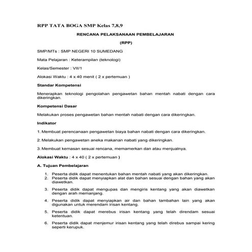 Rpp tata boga smp kelas 7 8 9 | DOC