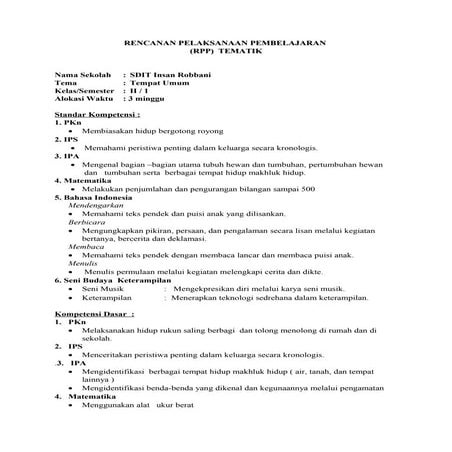 Rpp tematik berkaraktersdkelas2tematempatumumsms1 | PDF