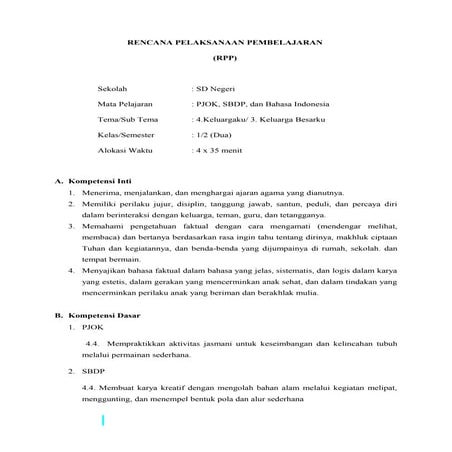 Rpp tematik kelas I kurikulum 2013 | DOC