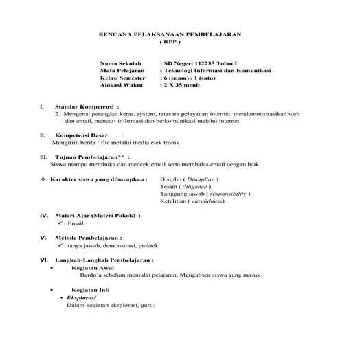 Rpp tik kelas 6 sem 1 | PDF