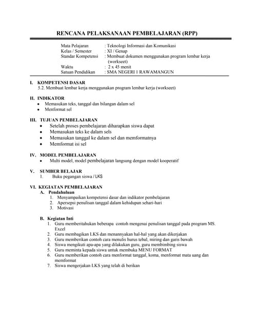 Rpp ms. excel kelas xi | PDF