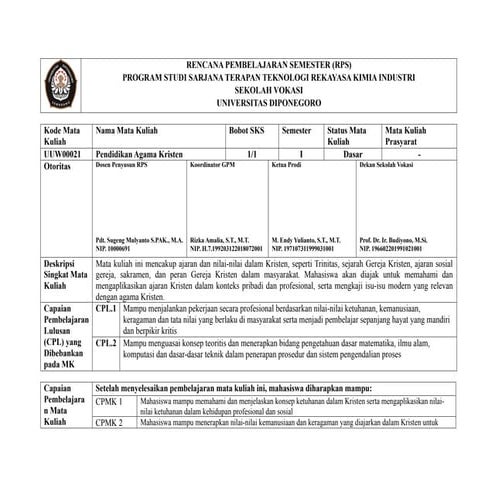 RPS Mata Kuliah_Agama Kristen_Semester 1 | DOCX