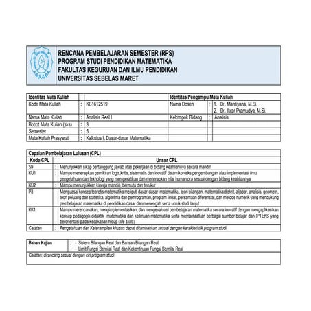 RPS ANALISIS REAL SEMESTER 5 TAHUN 2022. | PPT