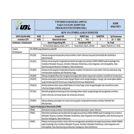RPS Mata Kuliah Arsitektur Teknnologi Informasi | PDF