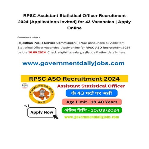 RPSC Assistant Statistical Officer Recruitment 2024, Apply for 43 ...