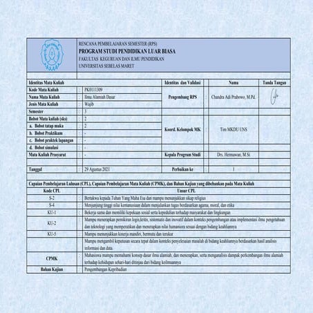 RPS Ilmu Alamiah Dasar contoh obe rps iad | PDF