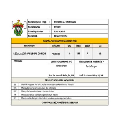 RENCANA PEMBELAJARAN SEMESTER (RPS) LEGAL AUDIT & LEGAL OPINION.pdf
