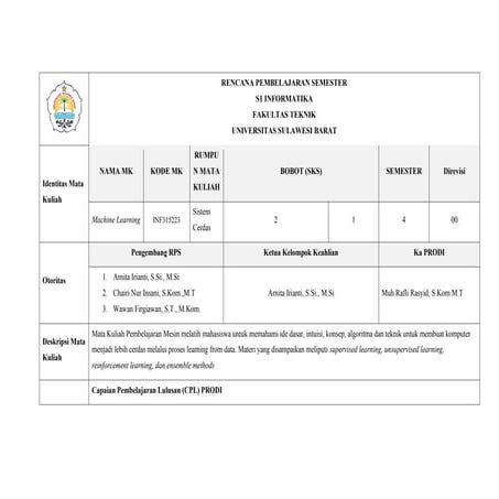 Rencana Pembelajaran Semester (RPS) machine learning 2 | PPT