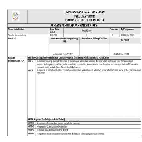 RPS Simulasi Sistem Industri, untuk teknik | PDF