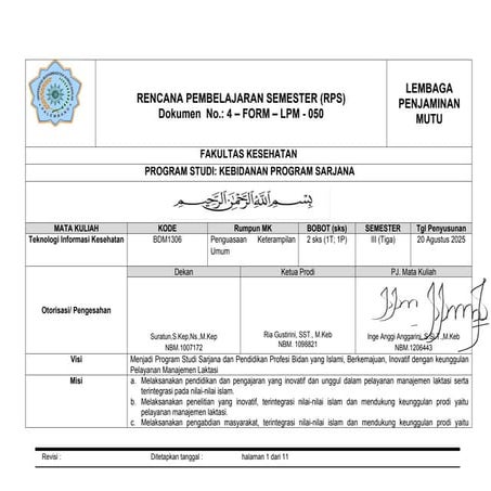 RPS Teknologi Informasi Kesehatan S1 Kebidanan.doc
