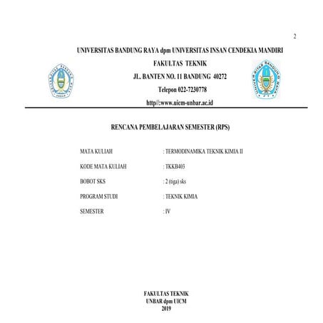 RPS Termodinamika TK 2 untuk jurusan teknik | DOCX