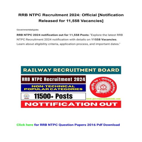 RRB NTPC Recruitment 2024 Notification Out for 11558 Vacancies, Apply ...