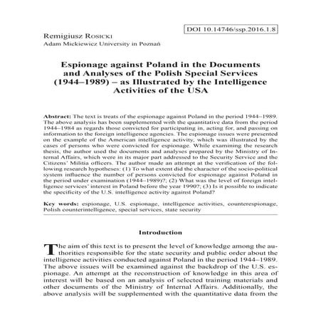 Espionage against Poland in the Documents and Analyses of the Polish Special Services (1944–1989 ...