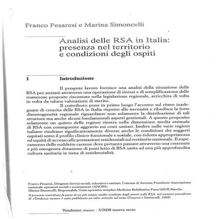 RSA in Italia: diffusione e condizioni degli ospiti | PDF