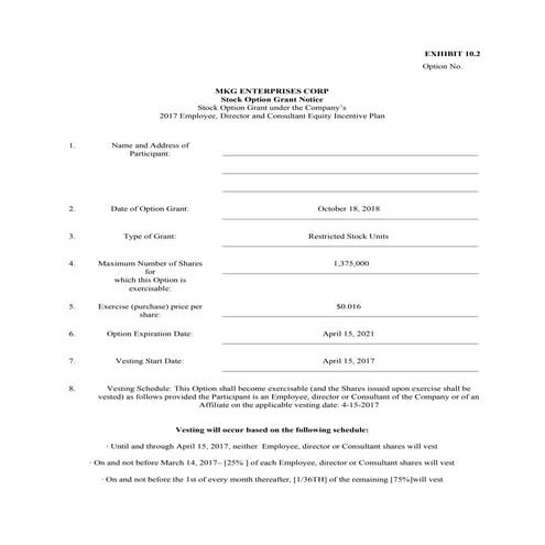 Stock Option Grant, Employees, Directors and Consultant Equity ...