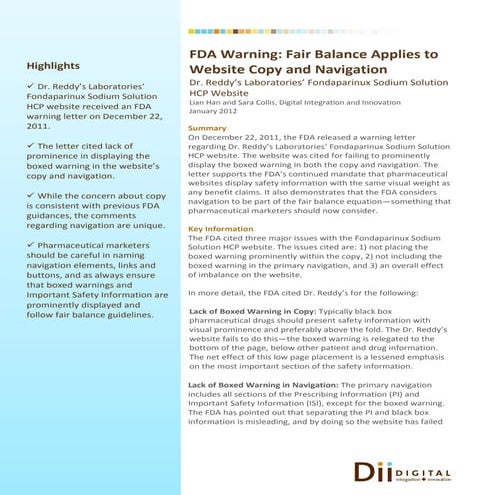 FDA Warning Letters: Dr. Reddy's Labs, January 2012 | PDF