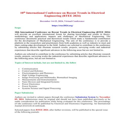 10th International Conference on Recent Trends in Electrical Engineering (RTEE 2024) | PDF