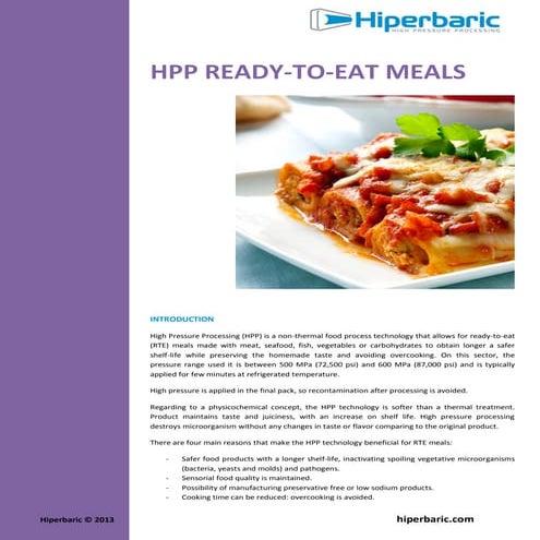 Pascalisation of RTE meals (whitepaper HPP, Hiperbaric) | PDF