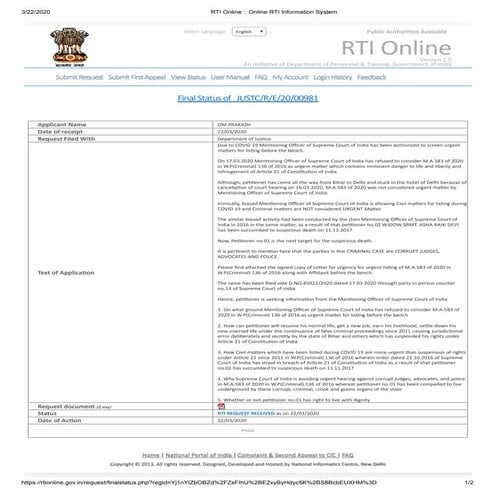 RTI dated 22-03-2020 against Supreme Court of India | PDF
