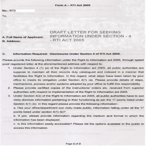 RTI draft letter under Section 4 | PDF