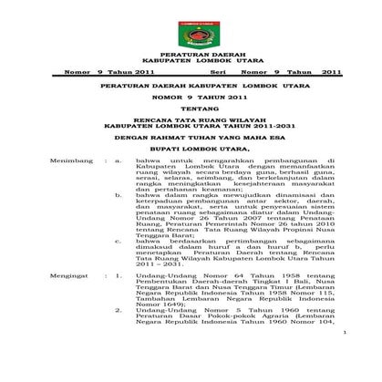 Rencana Tata Ruang Wilayah Kabupaten Lombok Utara | PDF