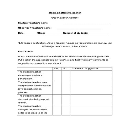 Class observation checklist | DOCX | Educational Assessment | Education
