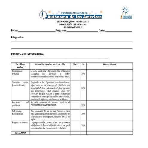 Rubrica para evaluacion primer corte proyecto social ii | PDF