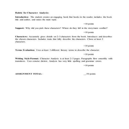 Rubric for character analysis | DOCX