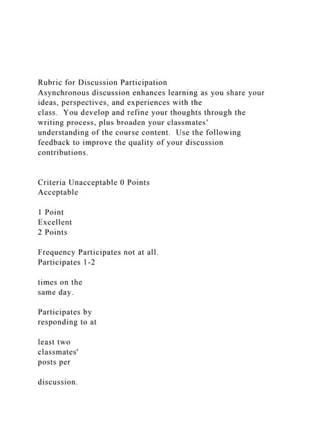 Rubric For Discussion Participation Asynchronous Discussion Docx