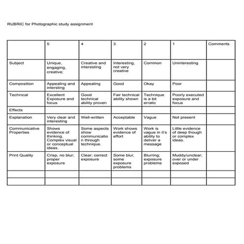 Rubric For Photographic Study Assignment | DOCX