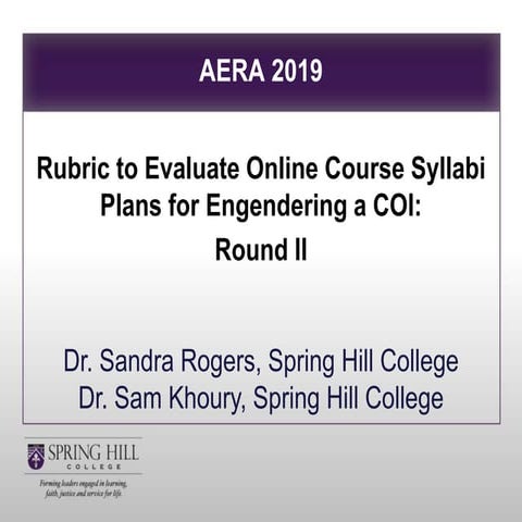 Rubric to evaluate online course syllabi plans for engendering a coi ...