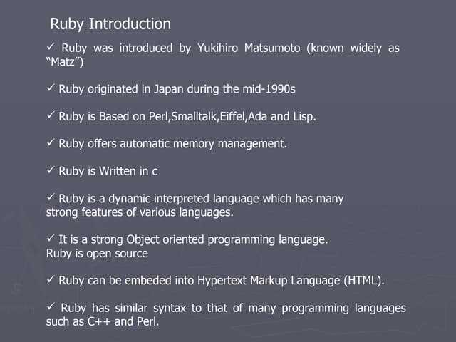 Ruby Basics | PPT | Programming Languages | Computing Ruby Basics | PPT | Programming Languages | Computing