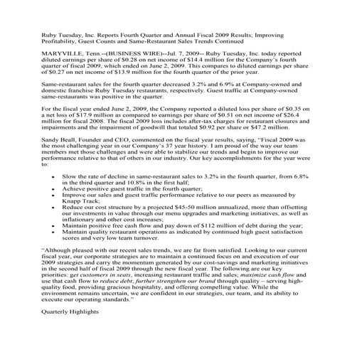 Q2 2009 Earning Report of Ruby Tuesday, Inc. | DOCX