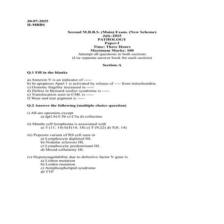 Pathology Paper I – II MBBS Main Exam (July 2025) | New CBME Scheme | DOCX